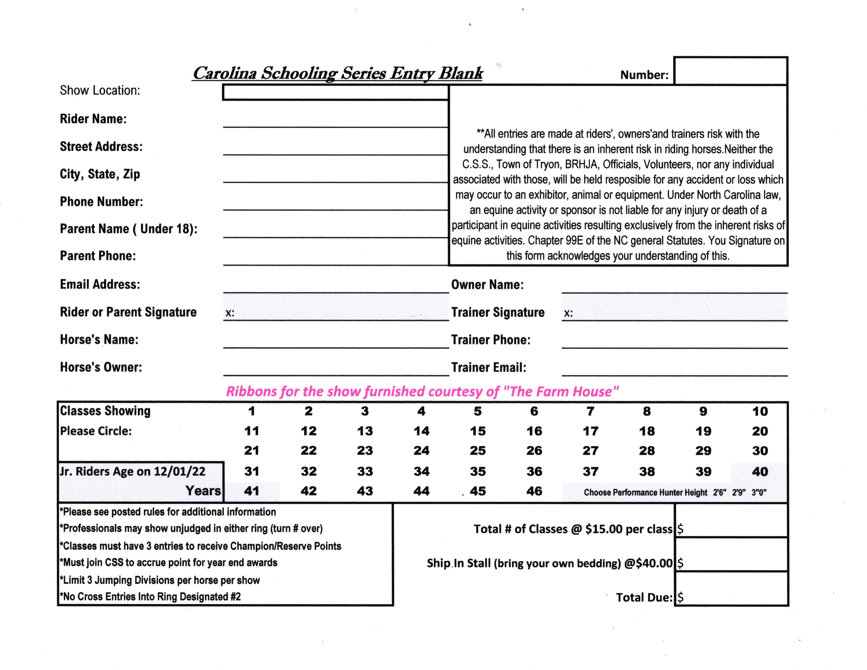 Entry Blanks – Carolina Schooling Series